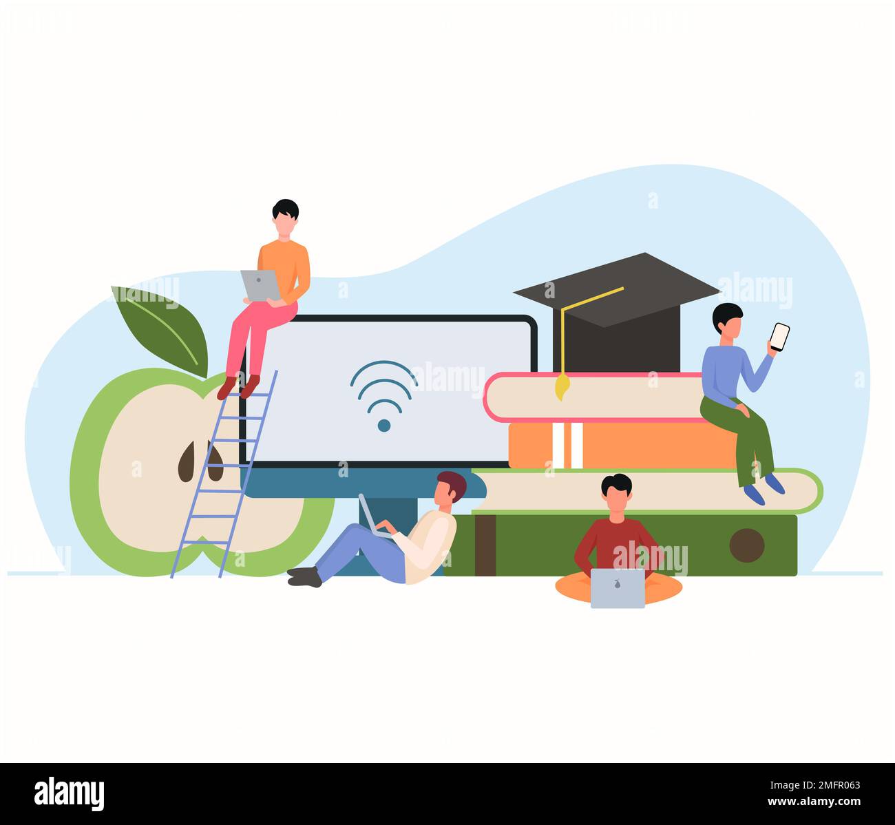 Vector flat illustration, concept of remote working. People with ...