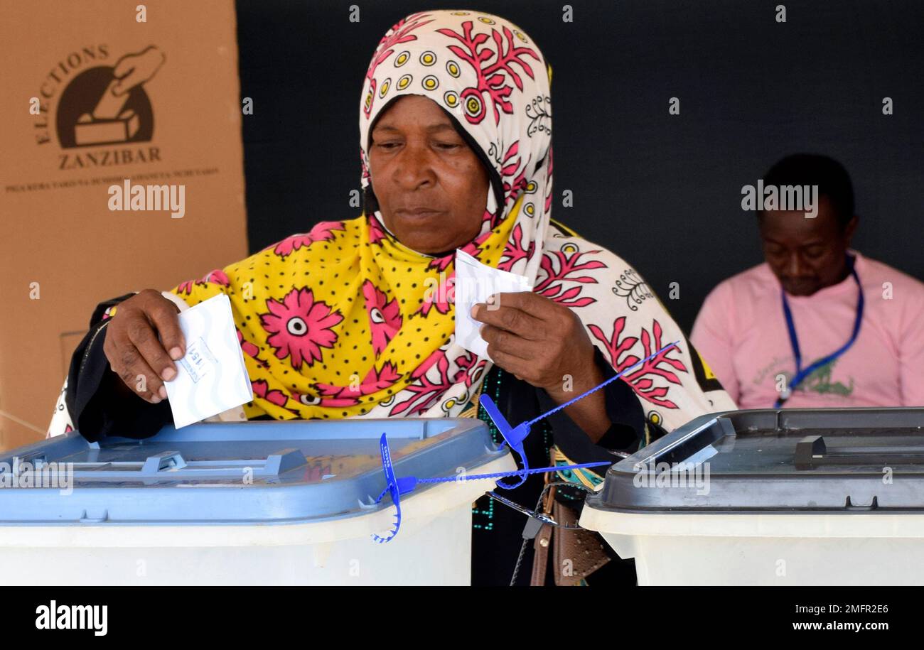 Locals cast their votes in Zanzibar, Tanzania, Wednesday. Oct.28, 2020 ...