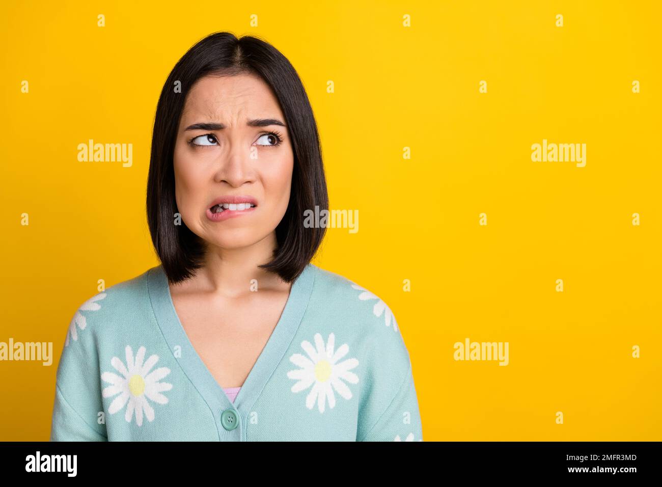 Portrait photo of nervous guilty japanese lady depressed bite lips ...
