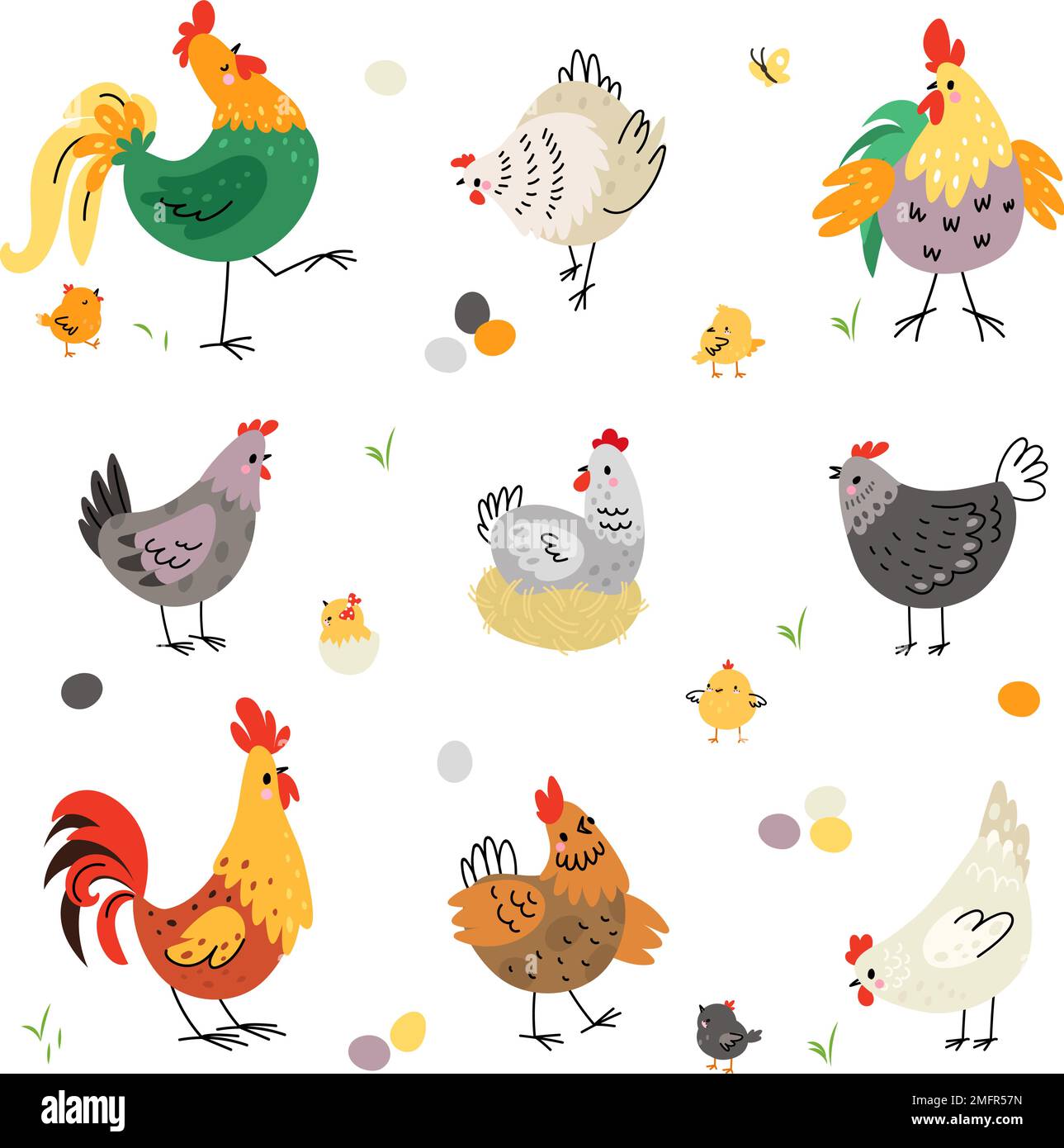 Chicken birds, hen and rooster. Poultry breeding, yellow cartoon cute ...