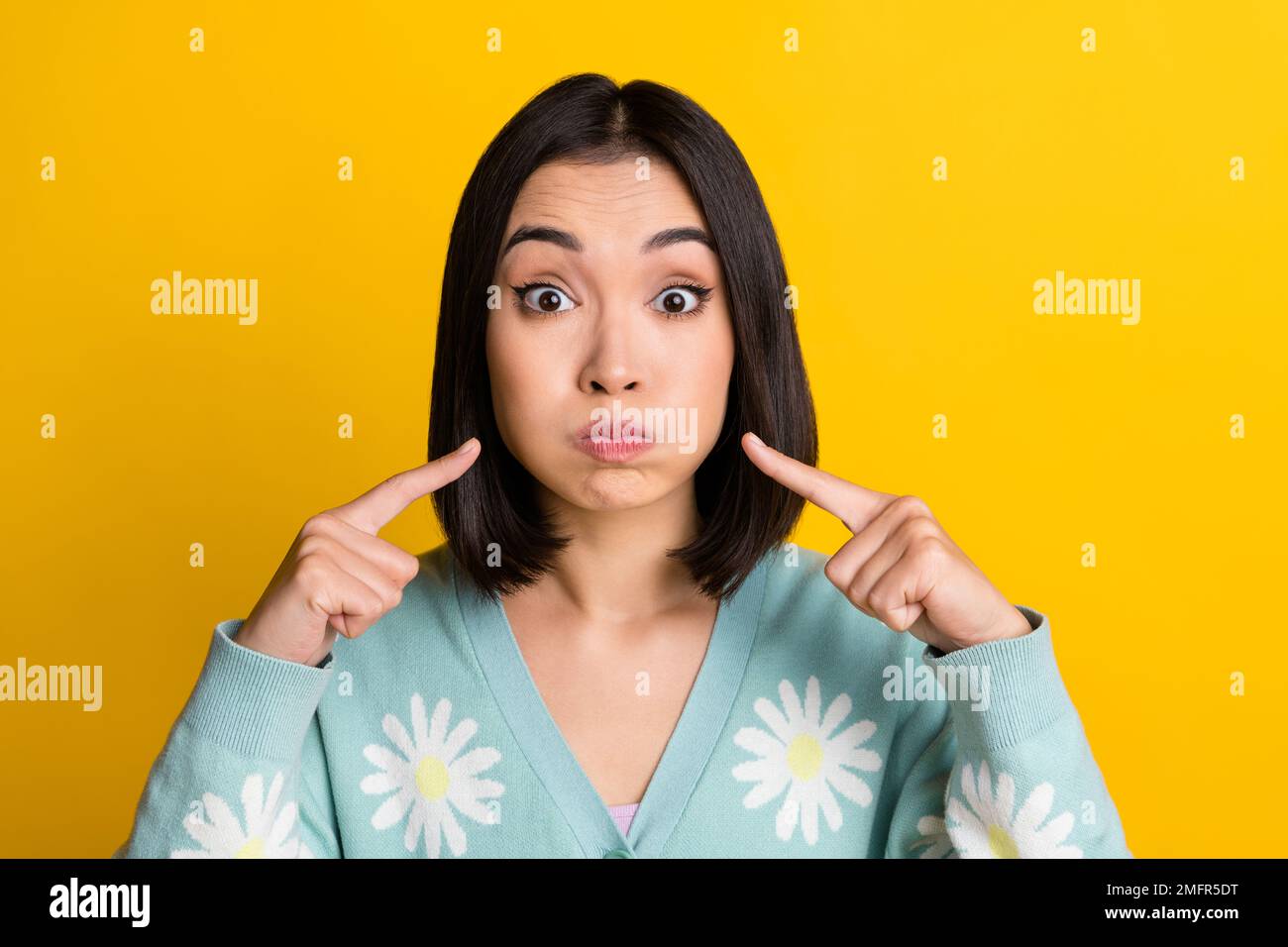 Portrait Cadre Photo Of Funky Carefree Korean Girl Pouty Lips Plump Touch Fingers Cheekbones