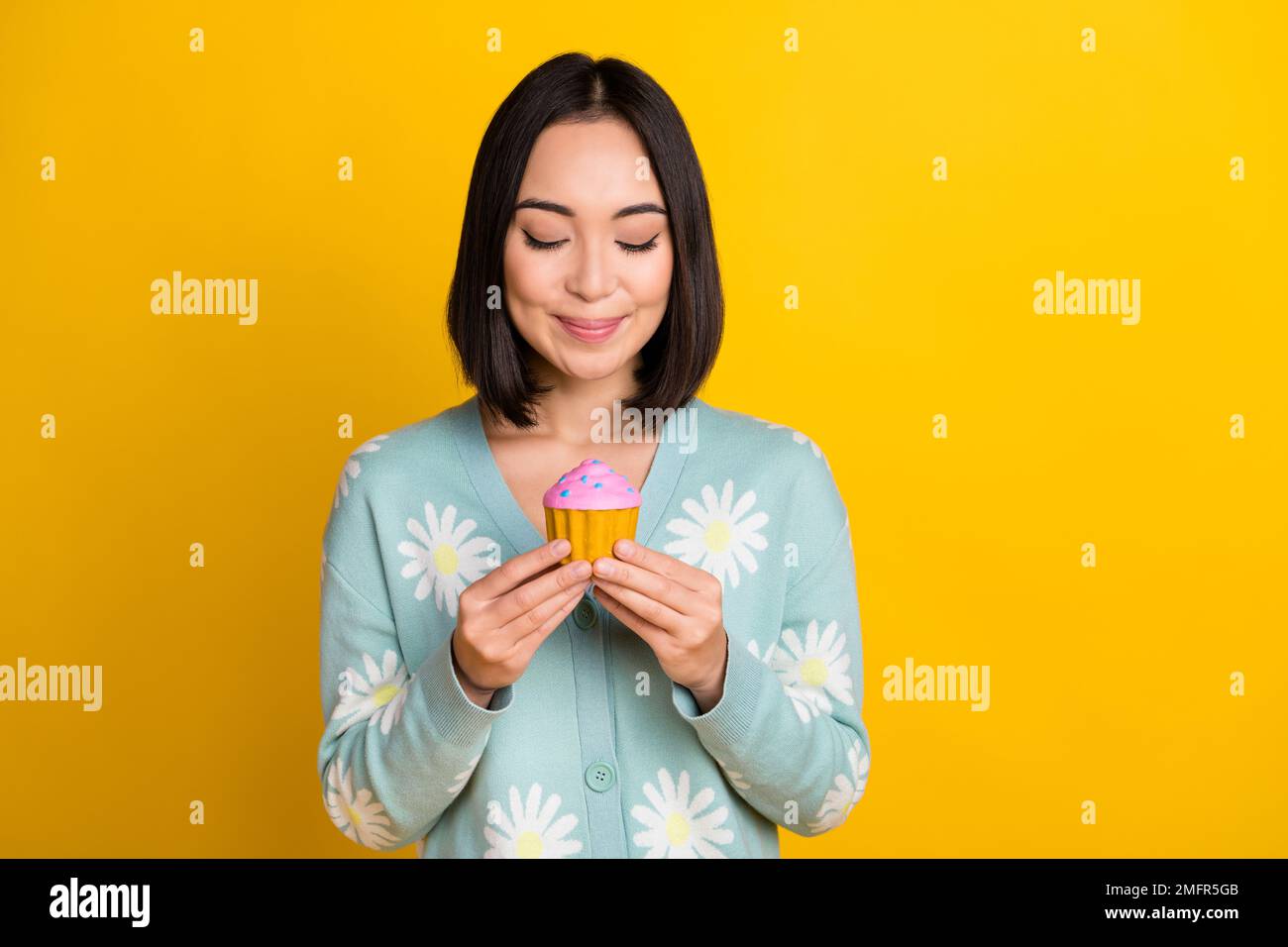 Photo of cheerful lovely girlish cute woman with bob hairdo dressed ...