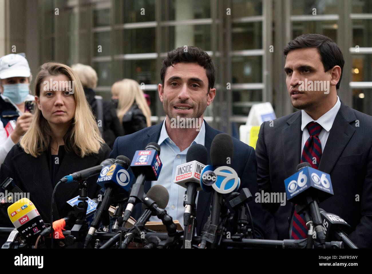 Nicki Clyne, left, Marc Elliott, center, and Eduardo Asunsolo speak to ...