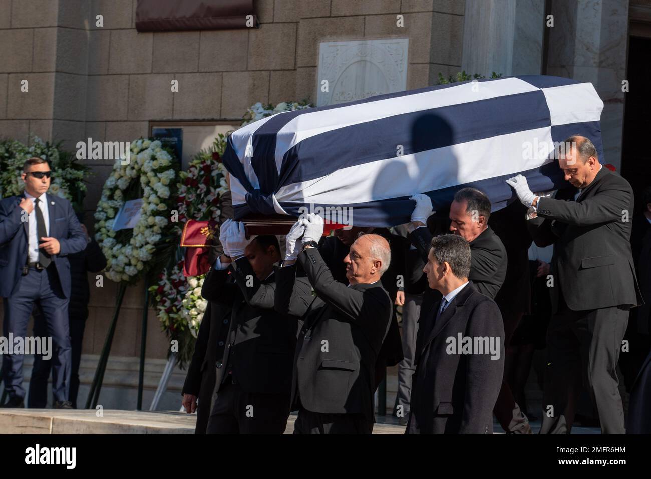Athens, Greece. 16th January 2023. Pallbeares carry the coffin of the ...