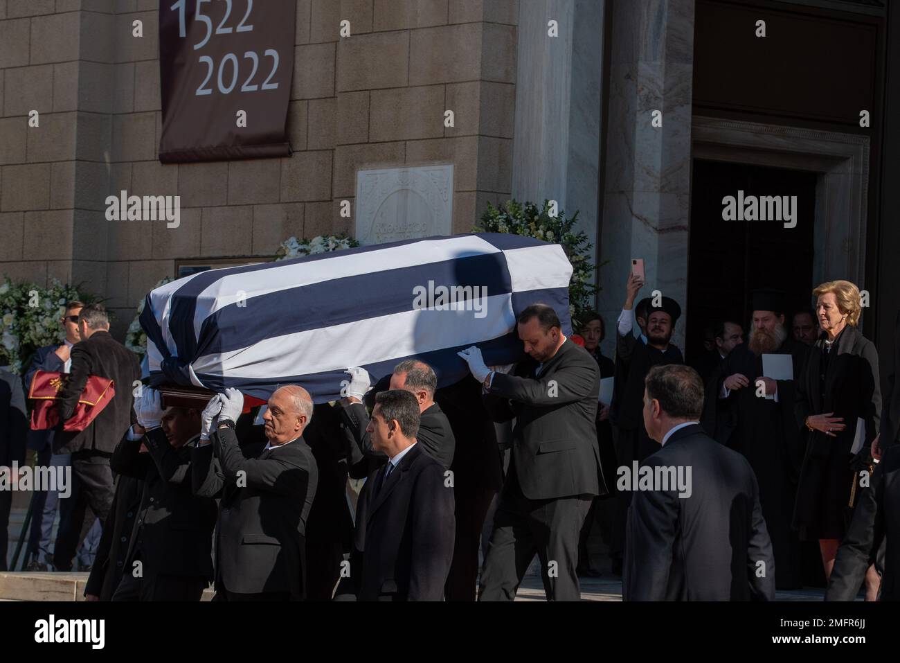 Athens, Greece. 16th January 2023. Pallbeares carry the coffin of the ...