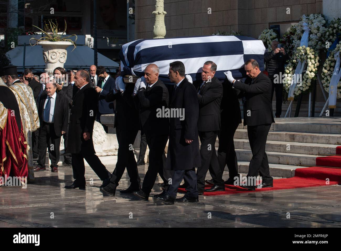 Athens, Greece. 16th January 2023. Pallbeares carry the coffin of the ...