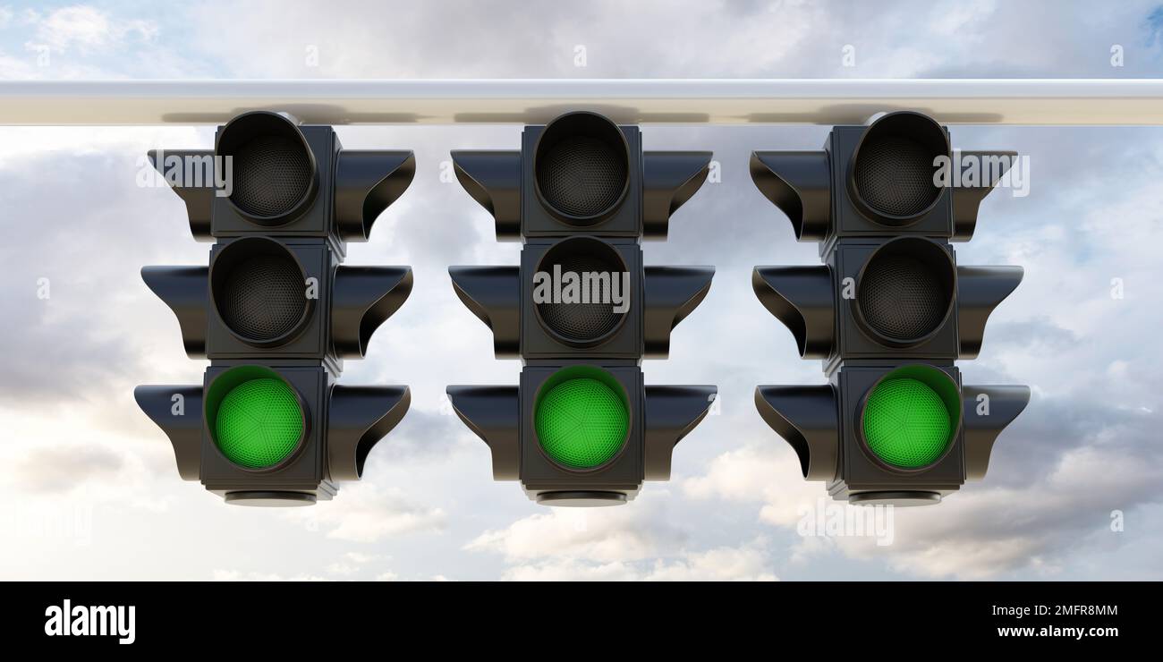 Safety travel on road concept. Traffic Green Light, three hanging ...