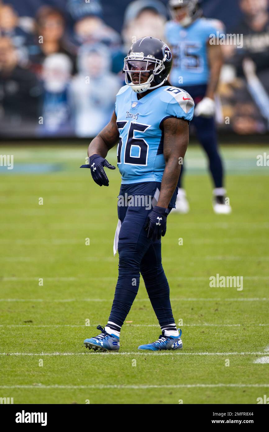 Tennessee Titans linebacker Daren Bates (56) dances to stadium music in ...