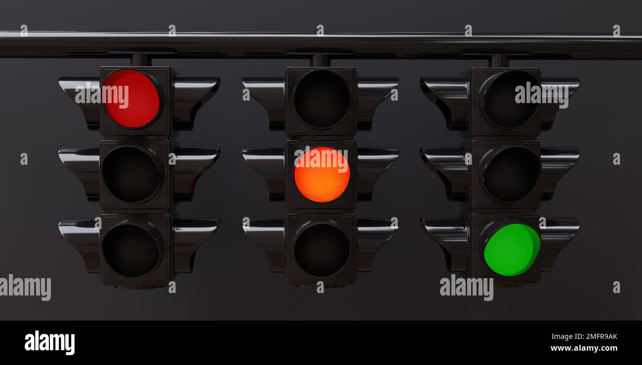 Hanging Traffic Light all color on dark grey background. Three ...
