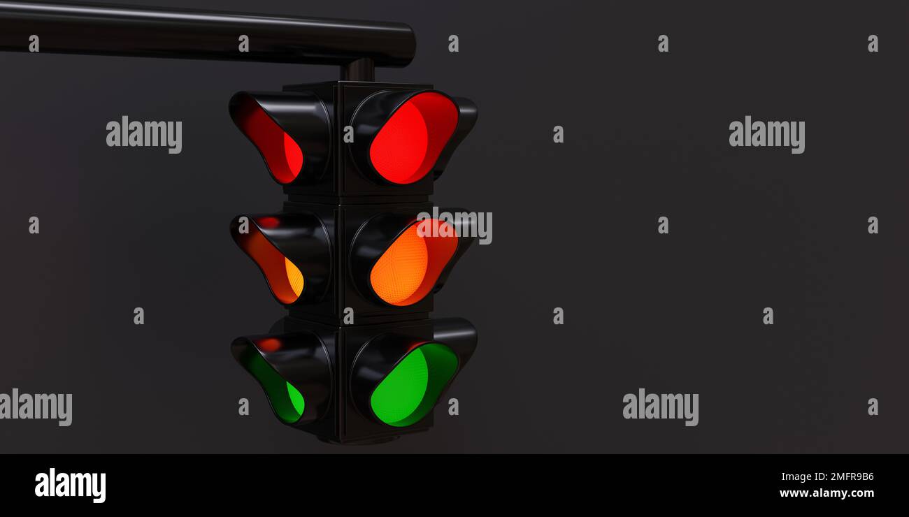 Double hanging traffic light with all three color on empty grey ...