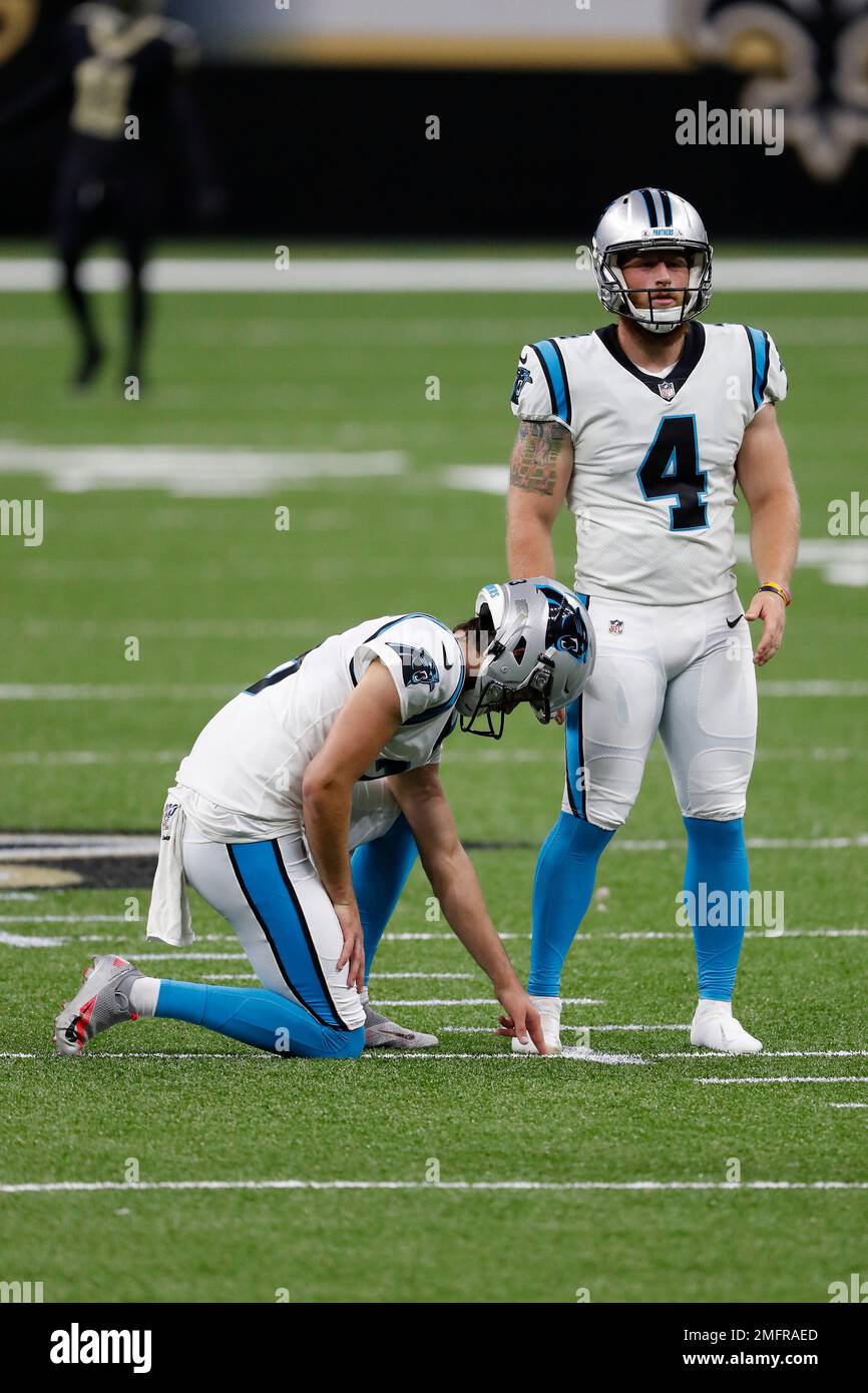 Carolina Panthers kicker Joey Slye (4) warms up before an NFL football ...
