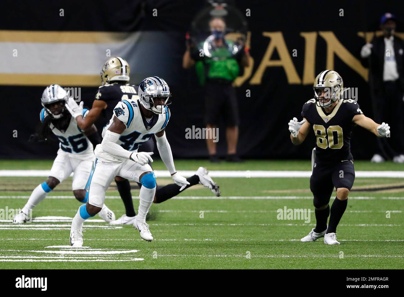 Carolina Panthers safety Sam Franklin (42) and New Orleans Saints wide ...