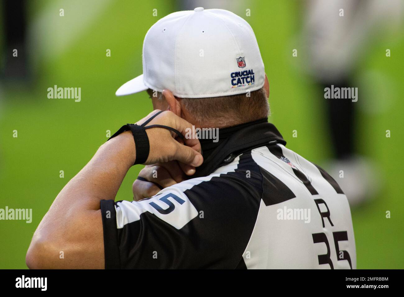 A detail view of the 'Crucial Catch' logo on the back of referee John ...