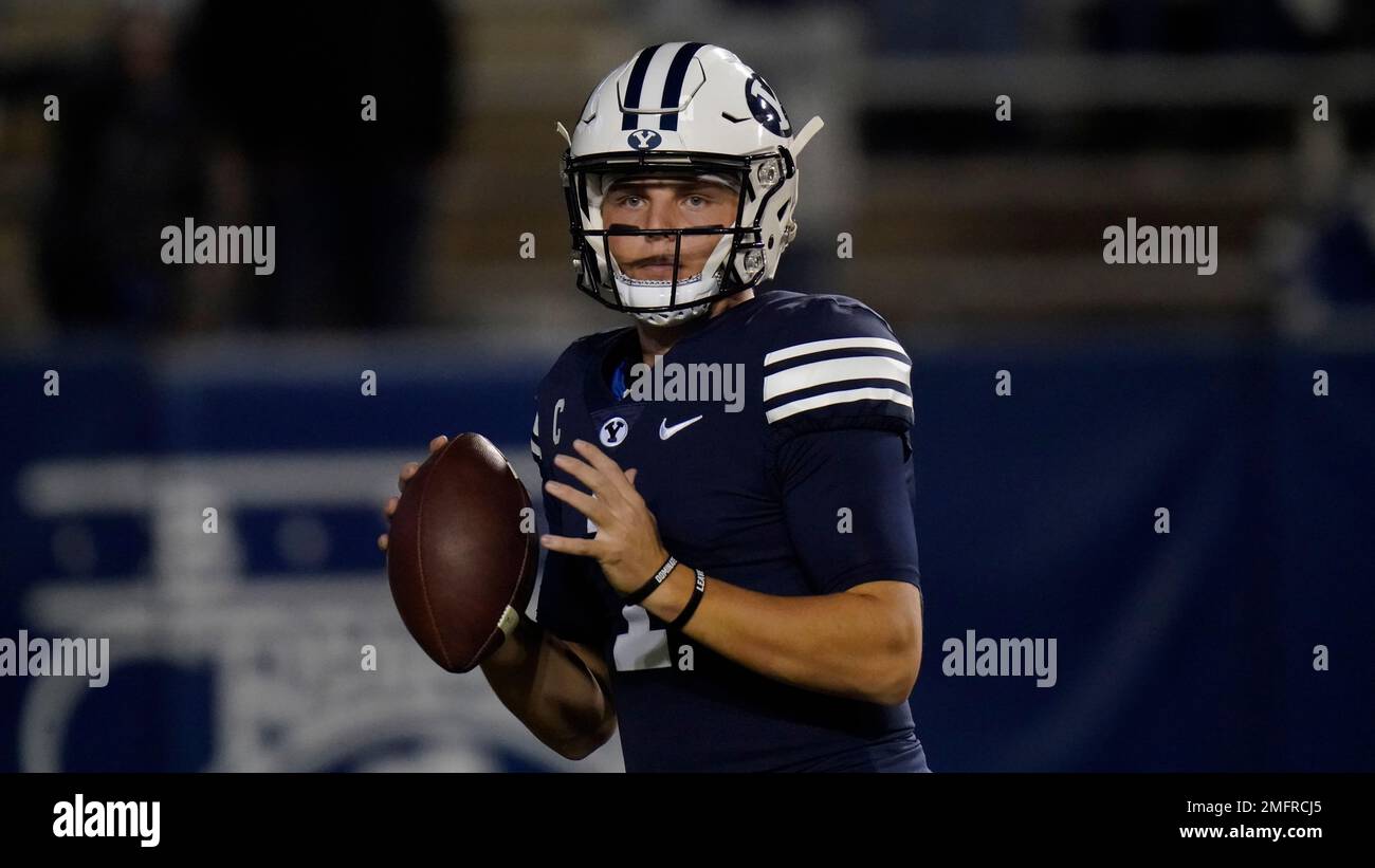 BYU quarterback Zach Wilson (1) warms up during an NCAA college ...