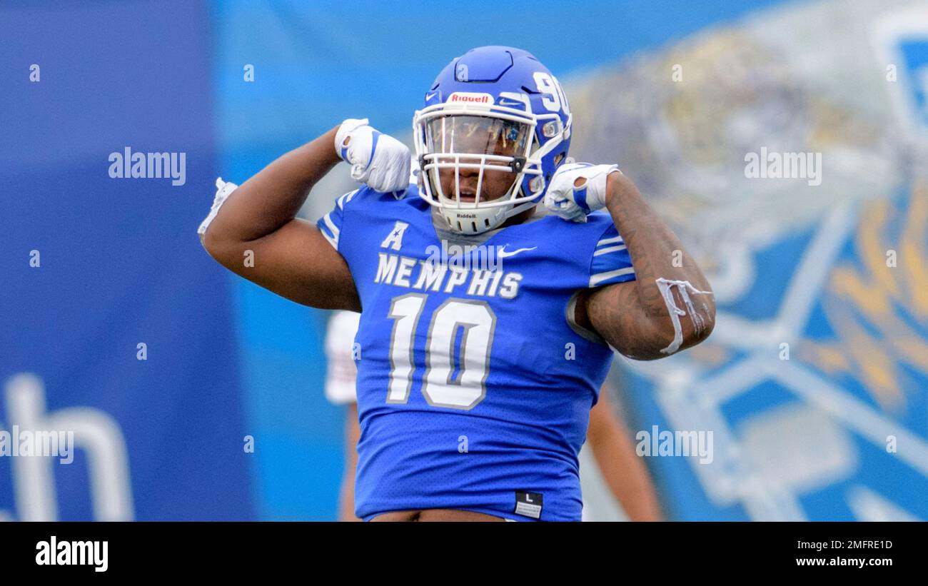 Memphis defensive lineman Morris Joseph (10) celebrates a tackle during ...