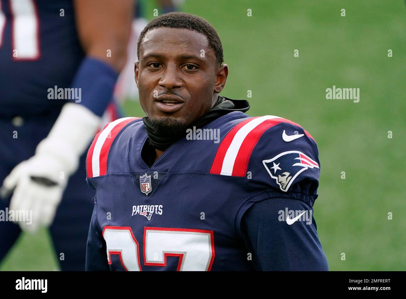 New England Patriots defensive back J.C. Jackson warms up before an NFL ...