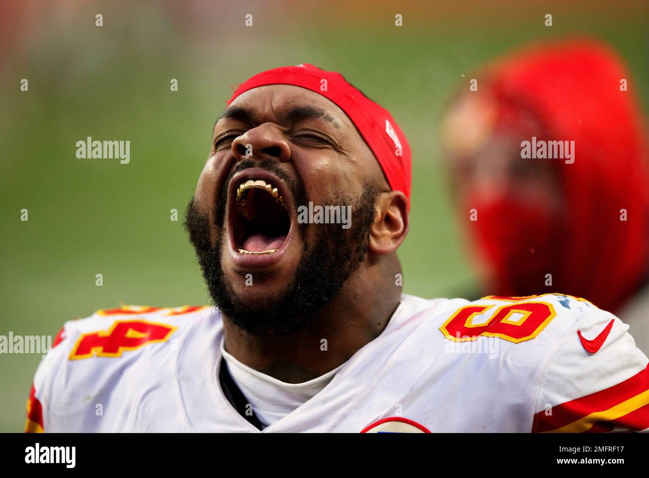 Kansas City Chiefs defensive tackle Mike Pennel (64) screams as he ...