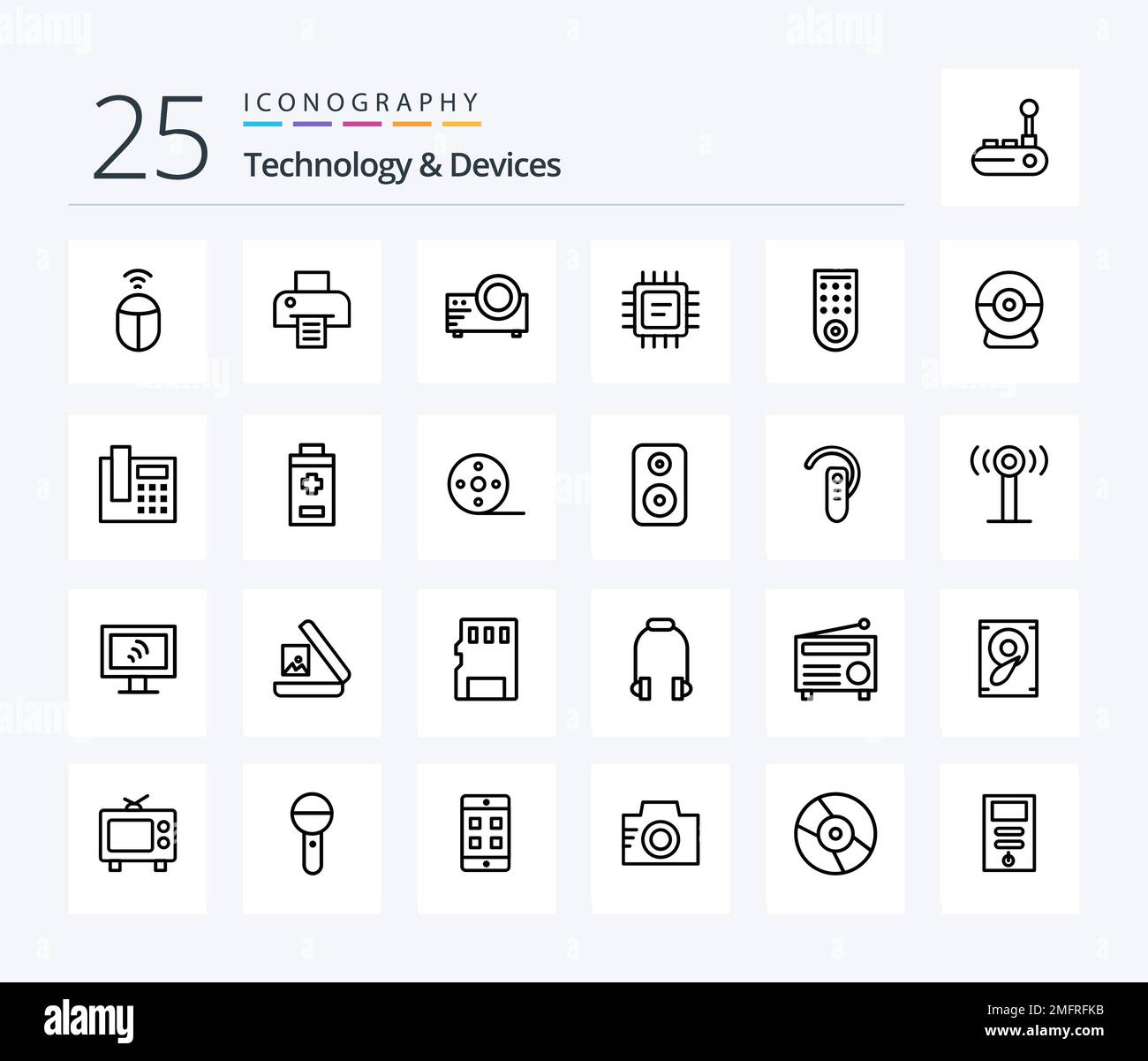 Devices 25 Line icon pack including webcam. tv. movie. remote ...
