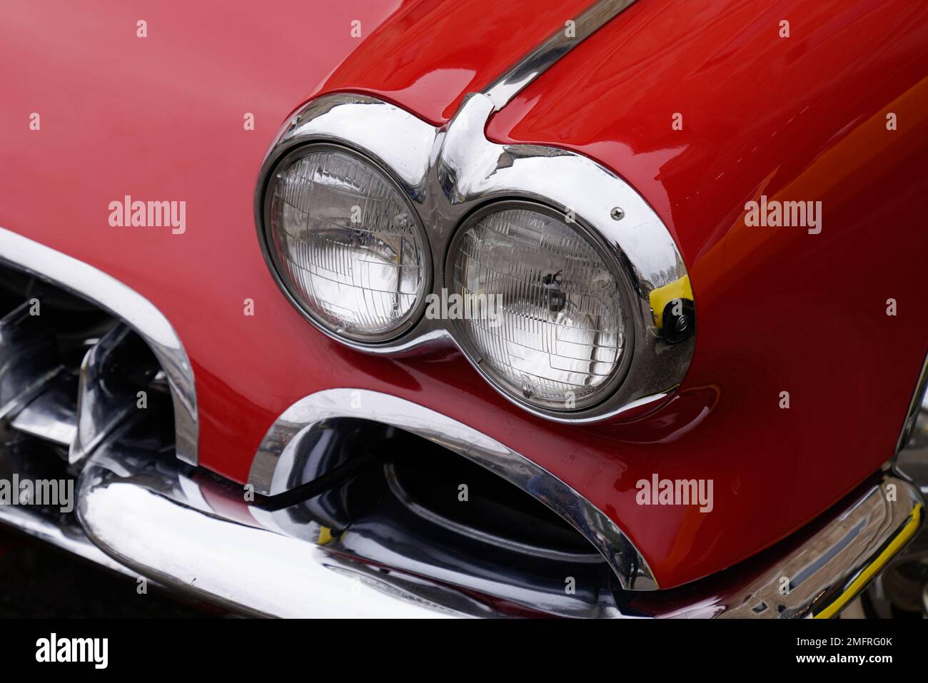 Classic American retro car bumper and headlight of red vintage car ...