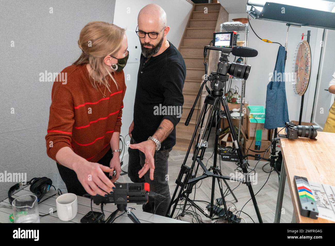 In this Oct. 7, 2020 photo, producer Jessica Opon, left, and Andrew Rea ...