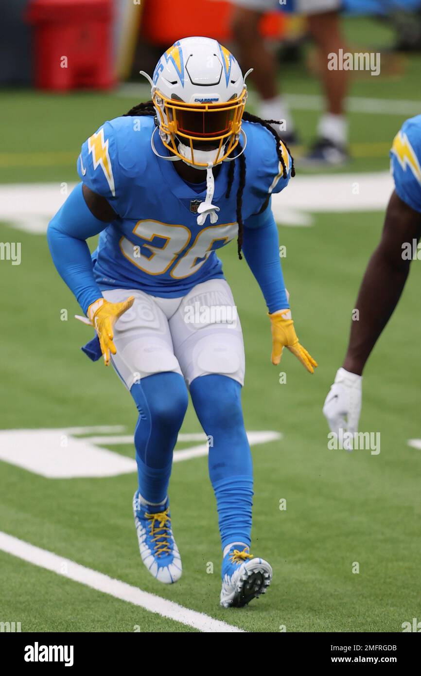 Los Angeles Chargers strong safety Jahleel Addae (36) warms up before ...