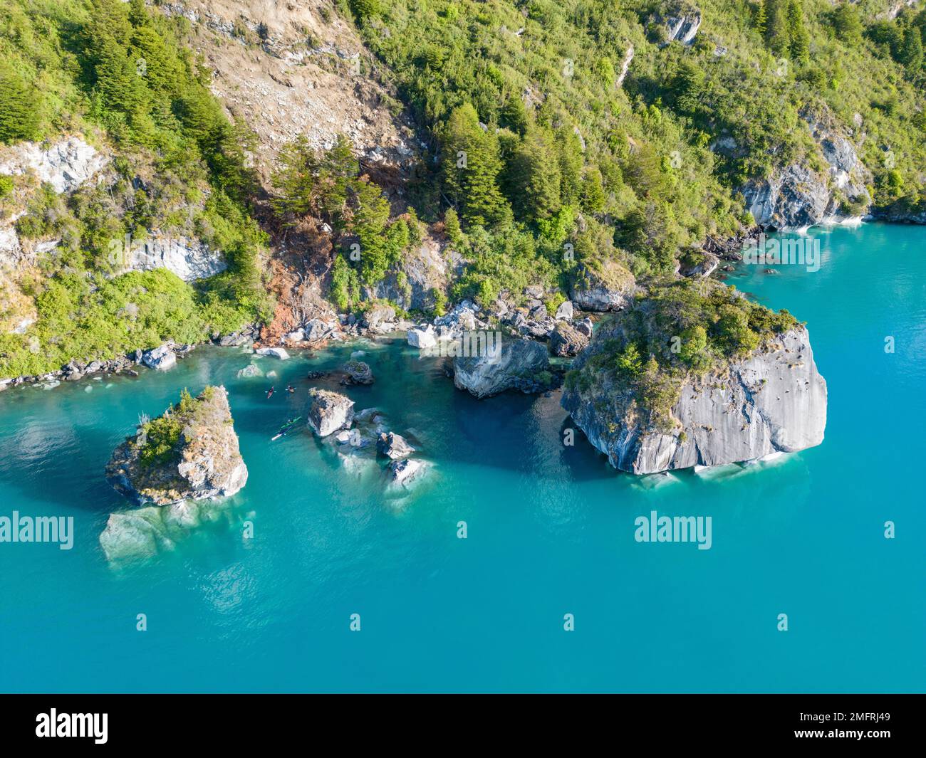 Aerial view of the picturesque Marble Caves near Puerto Rio Tranquilo ...
