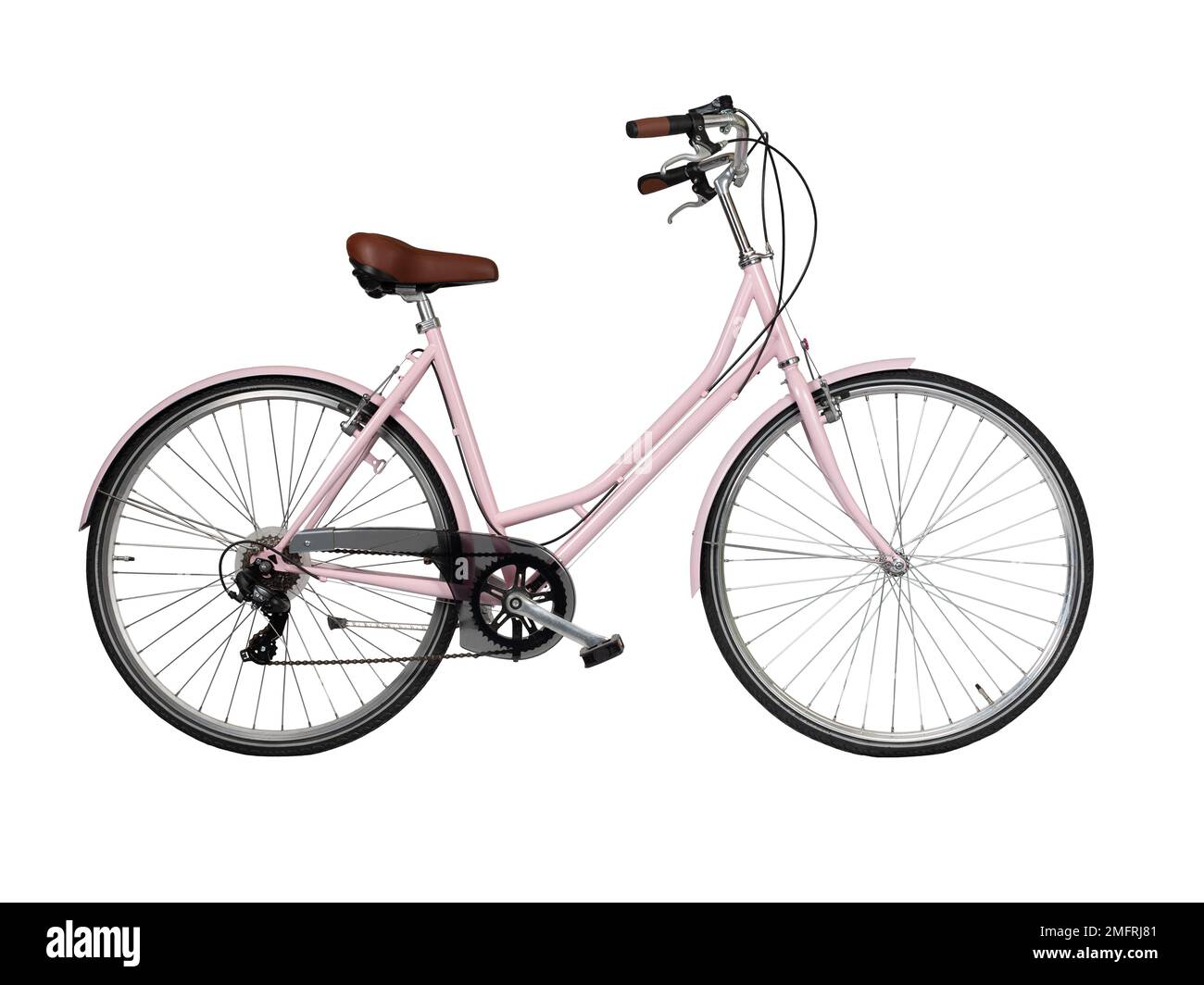 Pink retro bicycle with brown saddle and handles, generic bike side ...