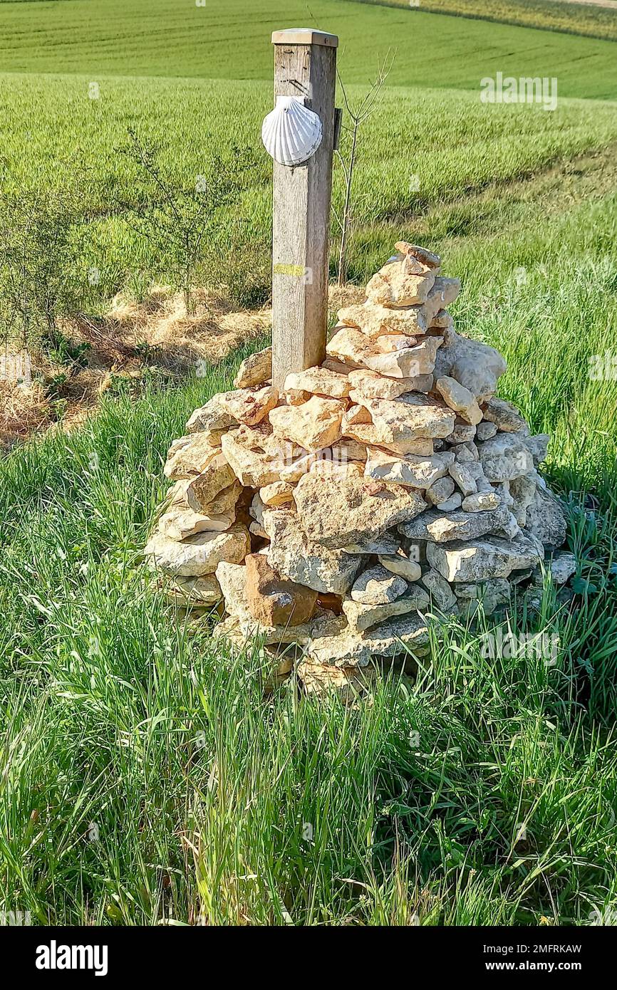 sign of the Camino de Santiago with scallop shell hanging on the pole ...