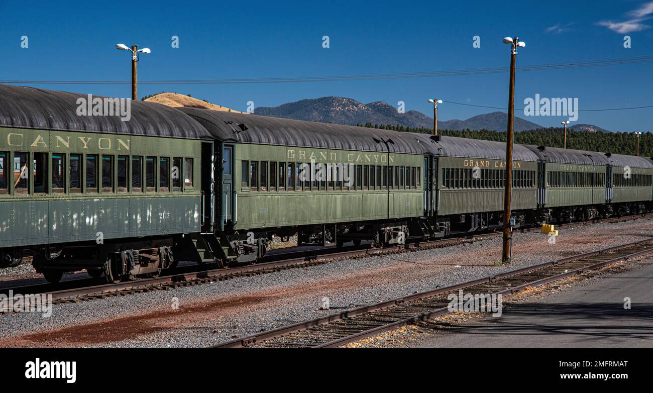 The old green wagons of the "GRAND CANYON" steam locomotive under the ...