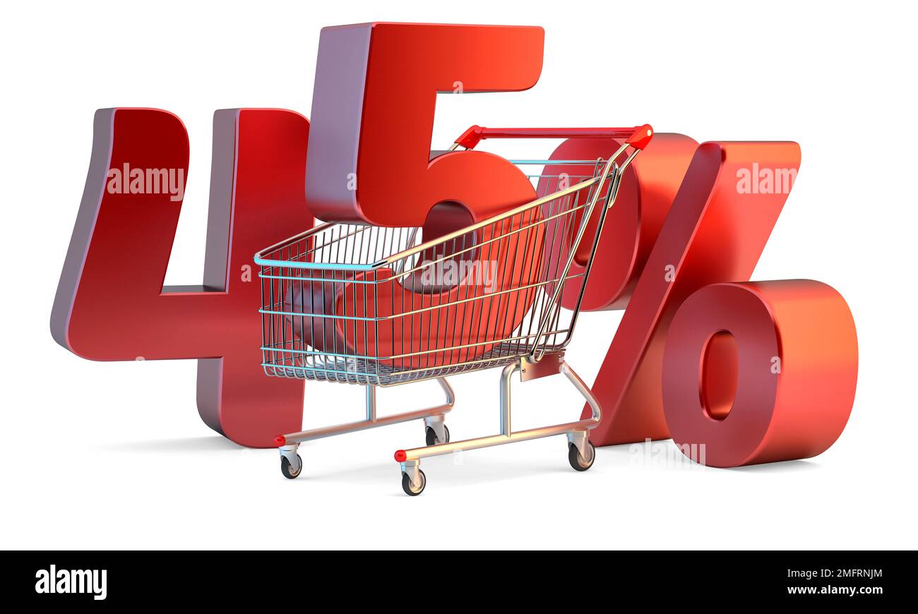 Shopping cart with 45 percent discount sign. 3D illustration. Isolated ...