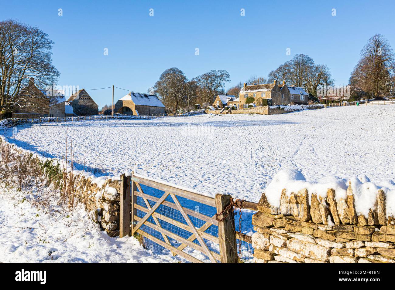 Early winter snow at the Cotswold village of Winstone, Gloucestershire ...