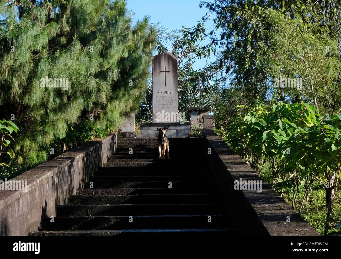 A dog stands in front of the memorial of Angami Zapu Phizo, who fought ...
