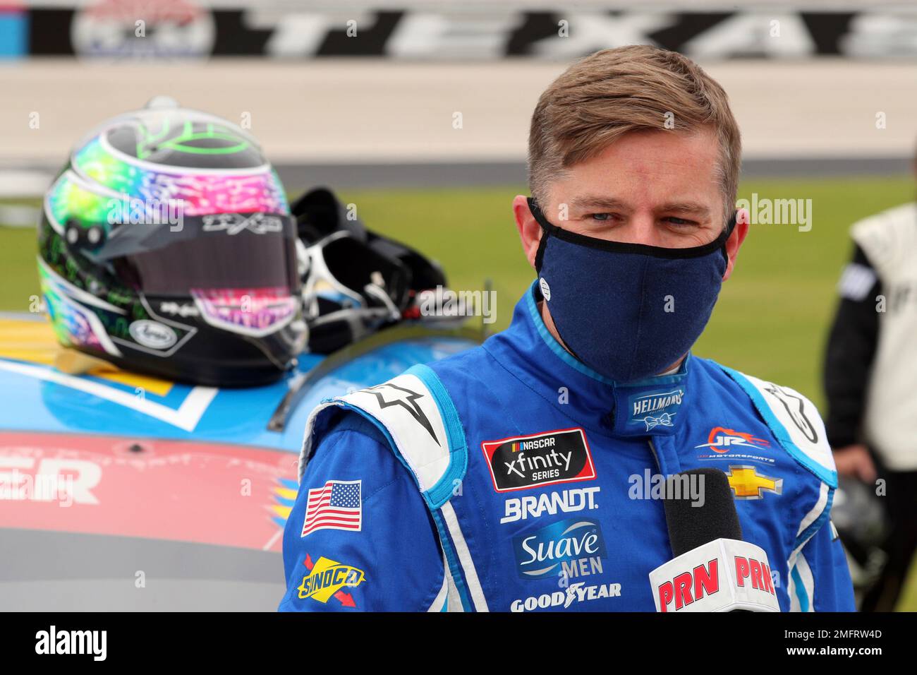 NASCAR Xfinity Series driver Justin Allgaier (7) talks to a reporter ...