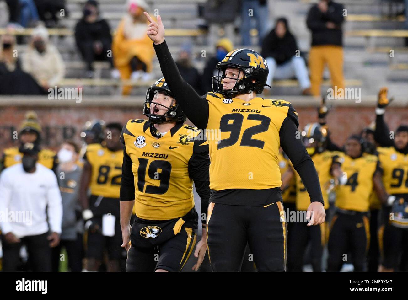 Missouri place kicker Harrison Mevis (92) celebrates alongside teammate ...