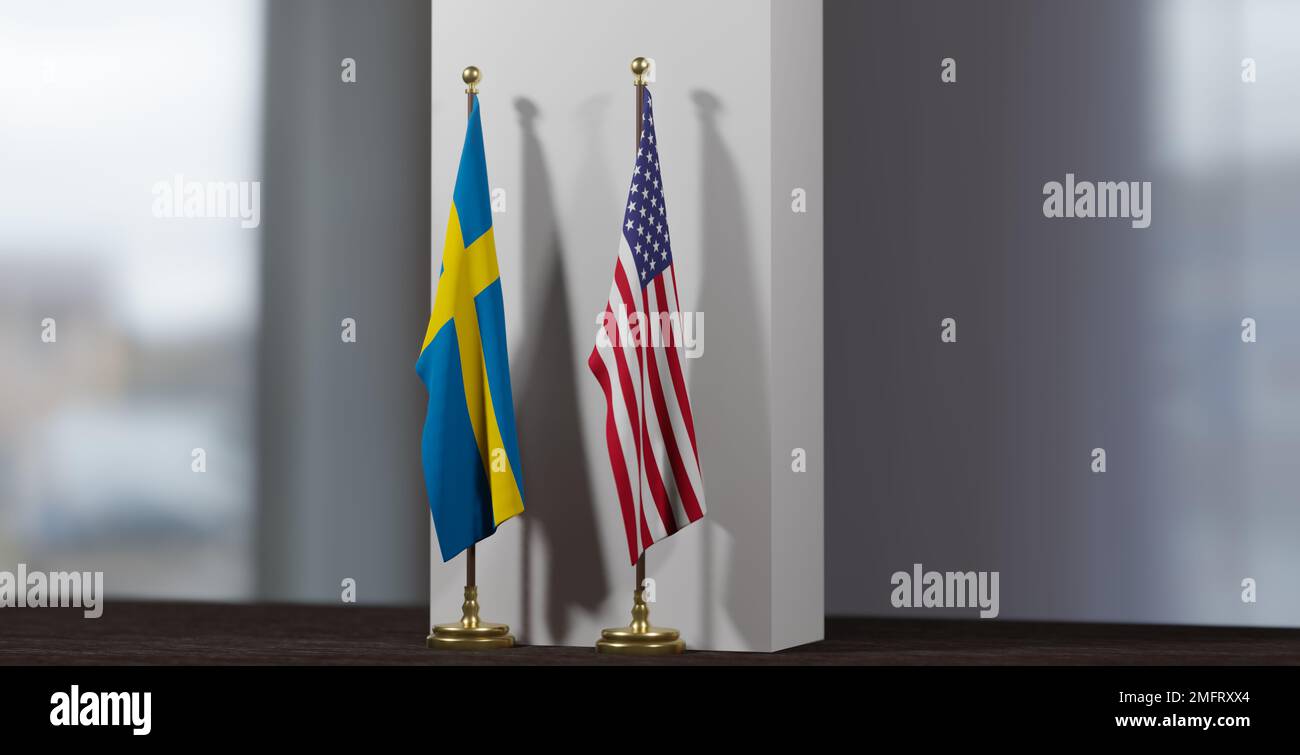 Sweden and USA at the negotiating table, flag Sweden and flag USA ...