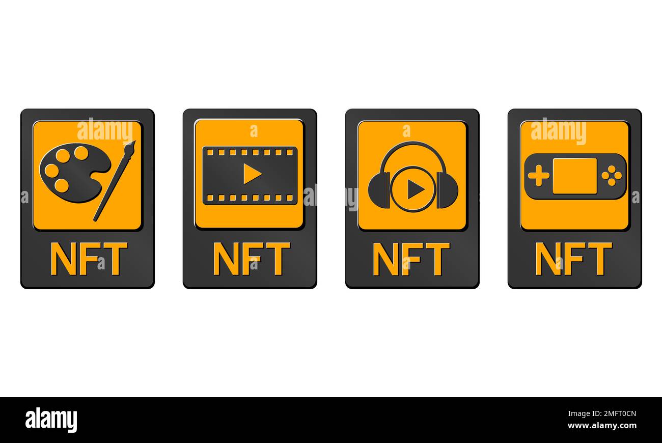 3D NFT token cards in cryptography. NFT cards with game, music, video ...