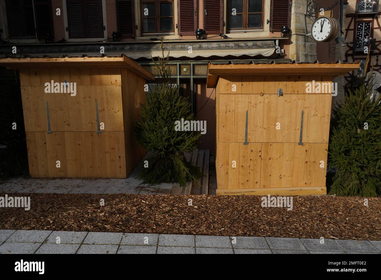Closed stands at Christmas market in France. Scene from a closed market ...