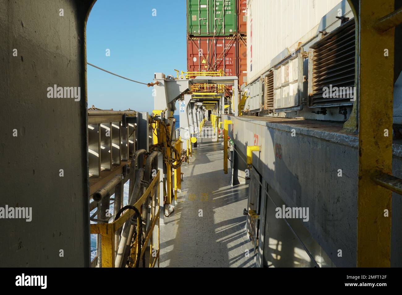 View on main deck from port side and open ventilation covers in a row ...
