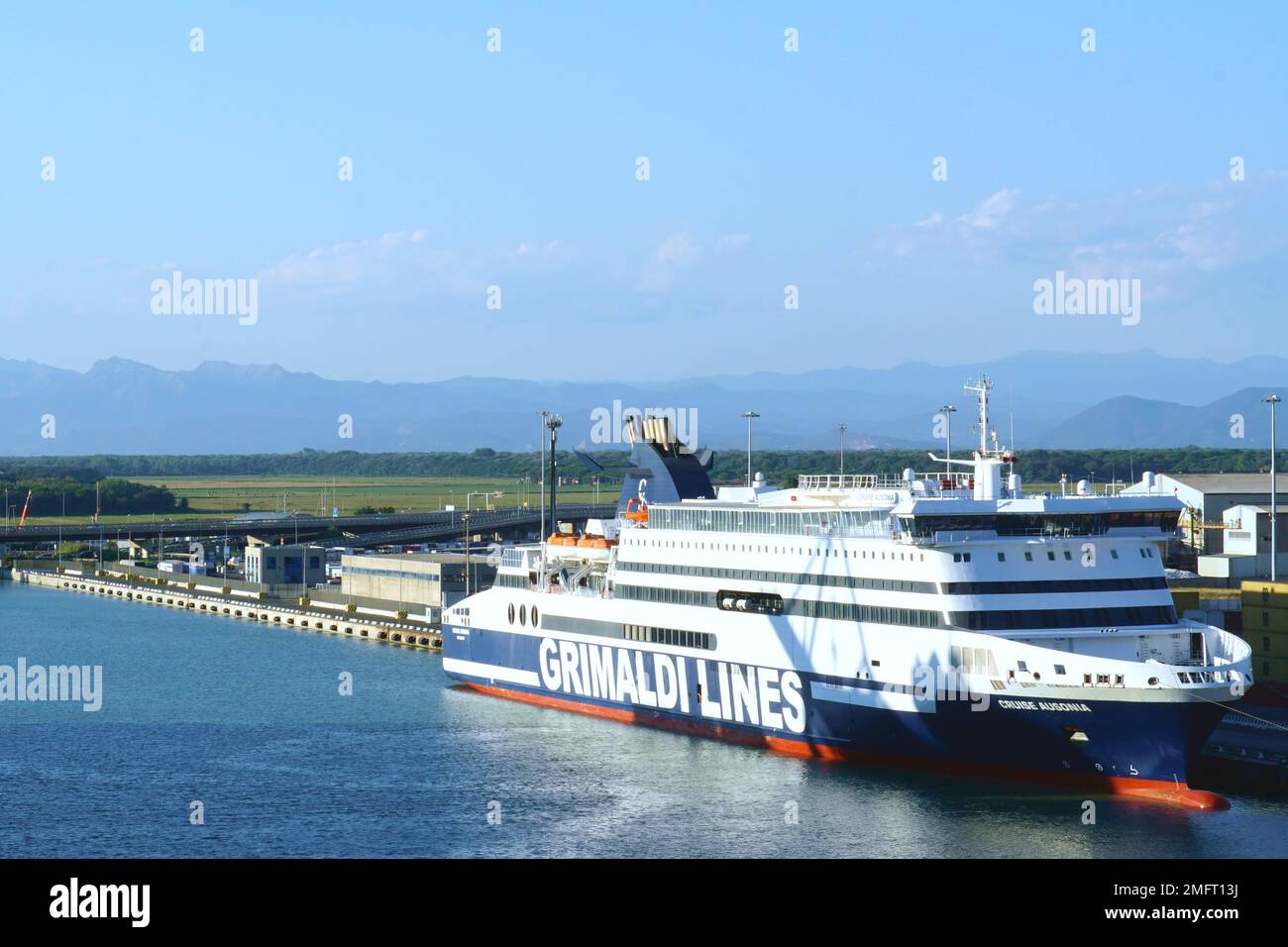 View on moored Passenger Ro-Ro ship with blue hull and white top ...