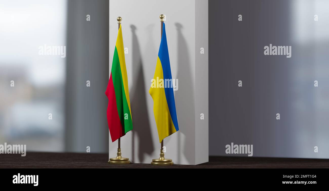 Ukraine and Lithuania at the negotiating table, flag Ukraine and flag ...