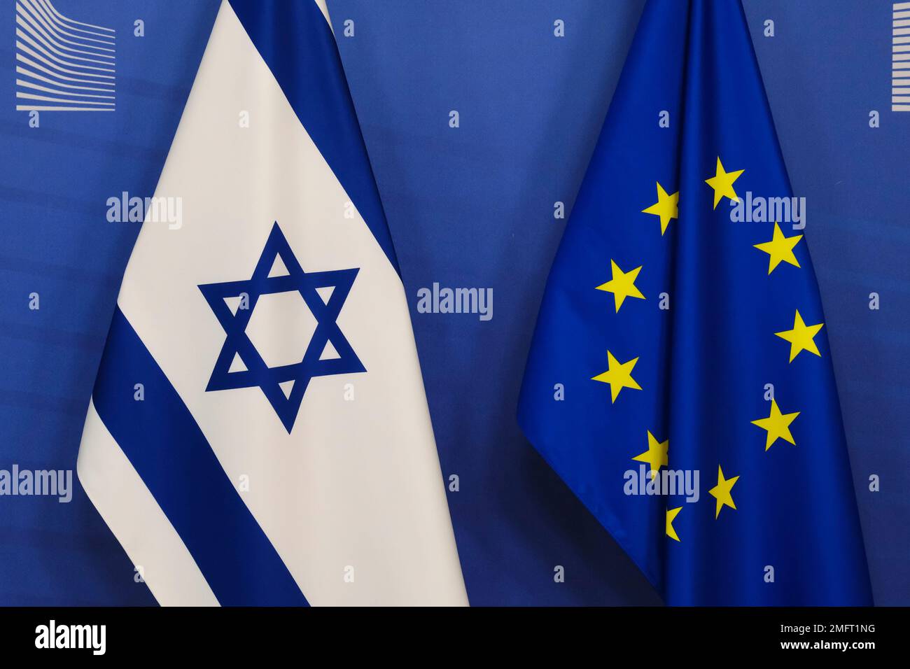 Brussels, Belgium. 25th Jan, 2023. European and Israeli flags stand at EU headquarters in ...
