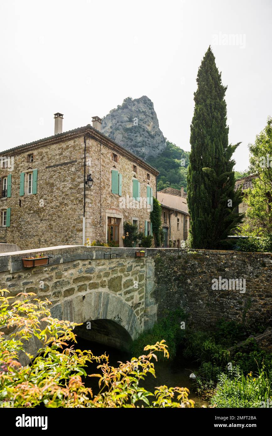 Medieval village and rock, Saou, Departement Drome, Auvergne-Rhone ...