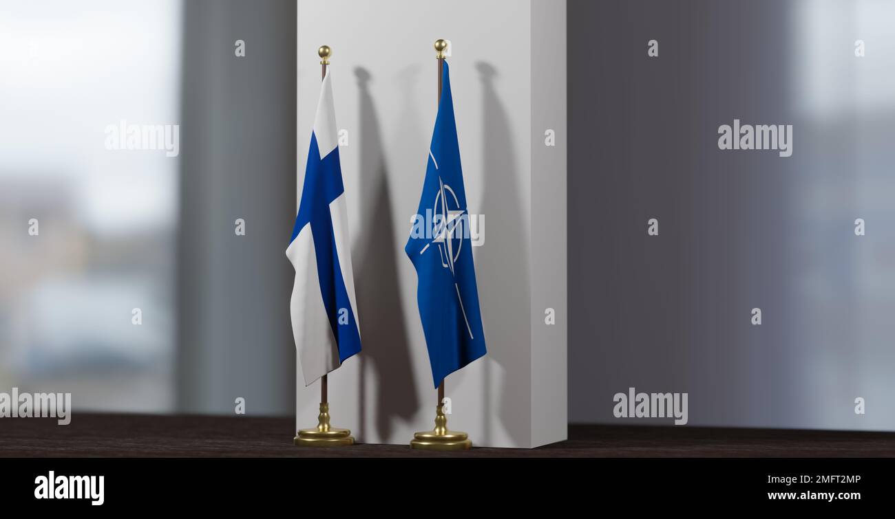 Finland to join NATO. Flag Finland and flag NATO. NATO Summit. 3D work ...