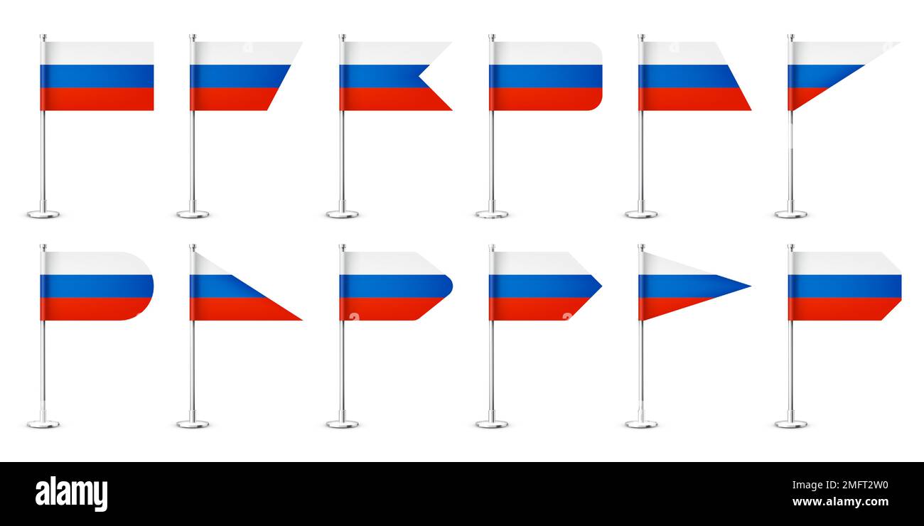 Realistic various Russian table flags on a chrome steel pole. Souvenir ...