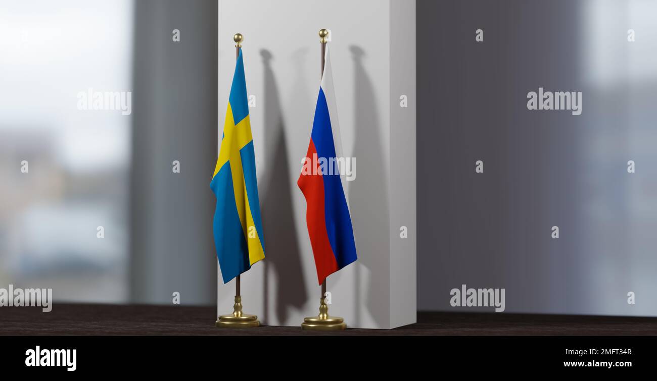 Sweden and Russia at the negotiating table, flag Sweden and flag Russia ...