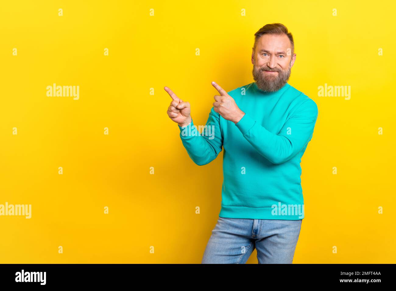 Photo of attractive nice man wear stylish clothes arms demonstrate ...