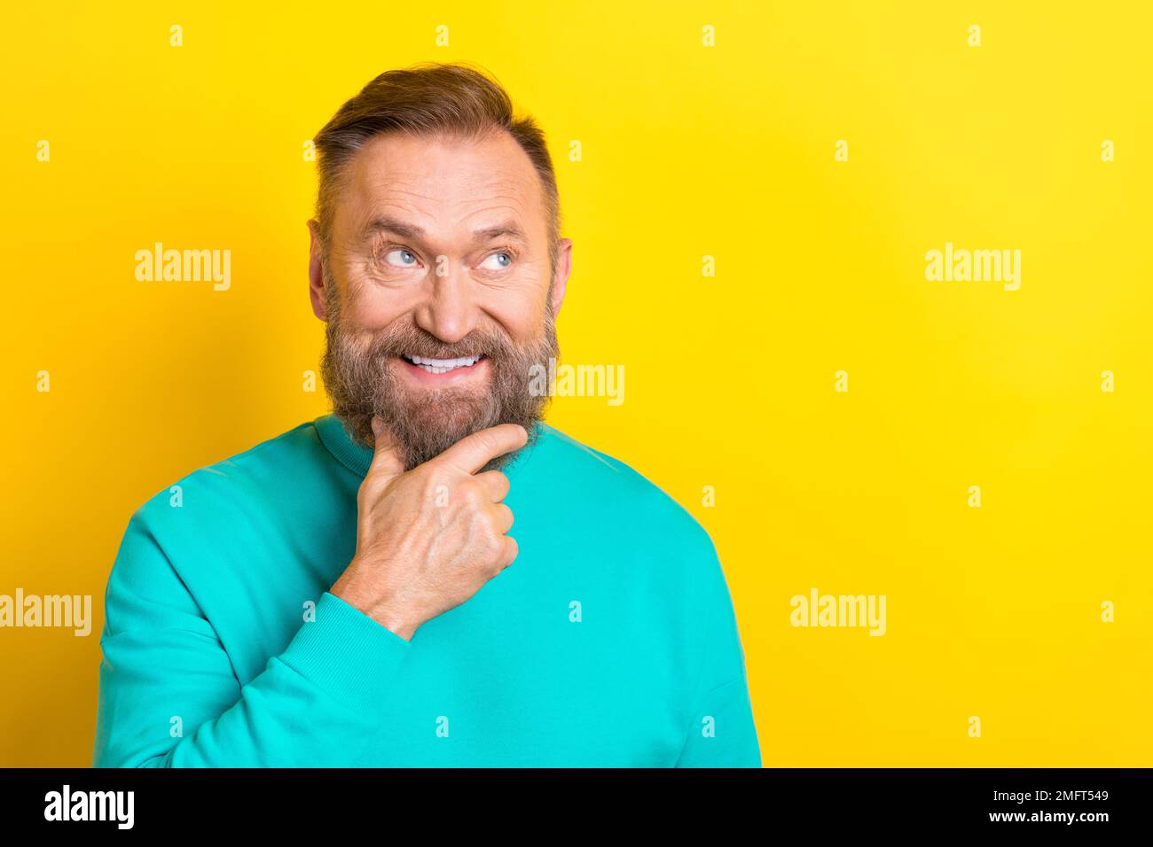 Photo of minded smart clever man wear stylish clothes interested look ...