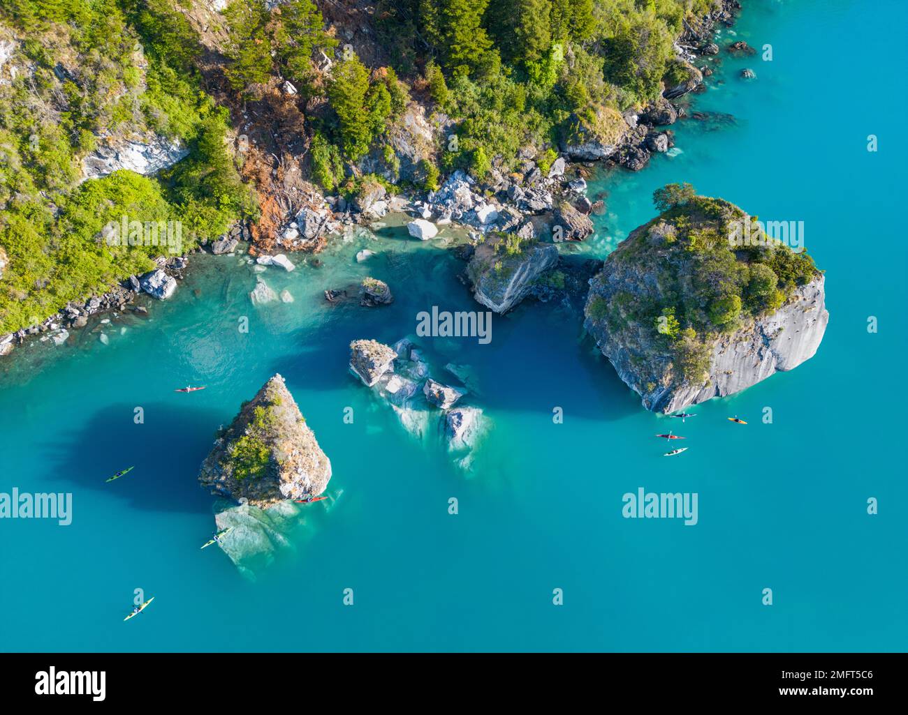 Aerial view of the picturesque Marble Caves near Puerto Rio Tranquilo ...