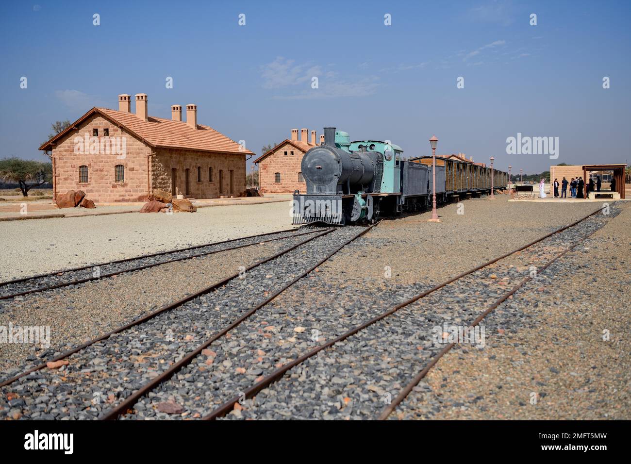 Historic train of the Hejaz Railway in the renovated station of Hegra ...