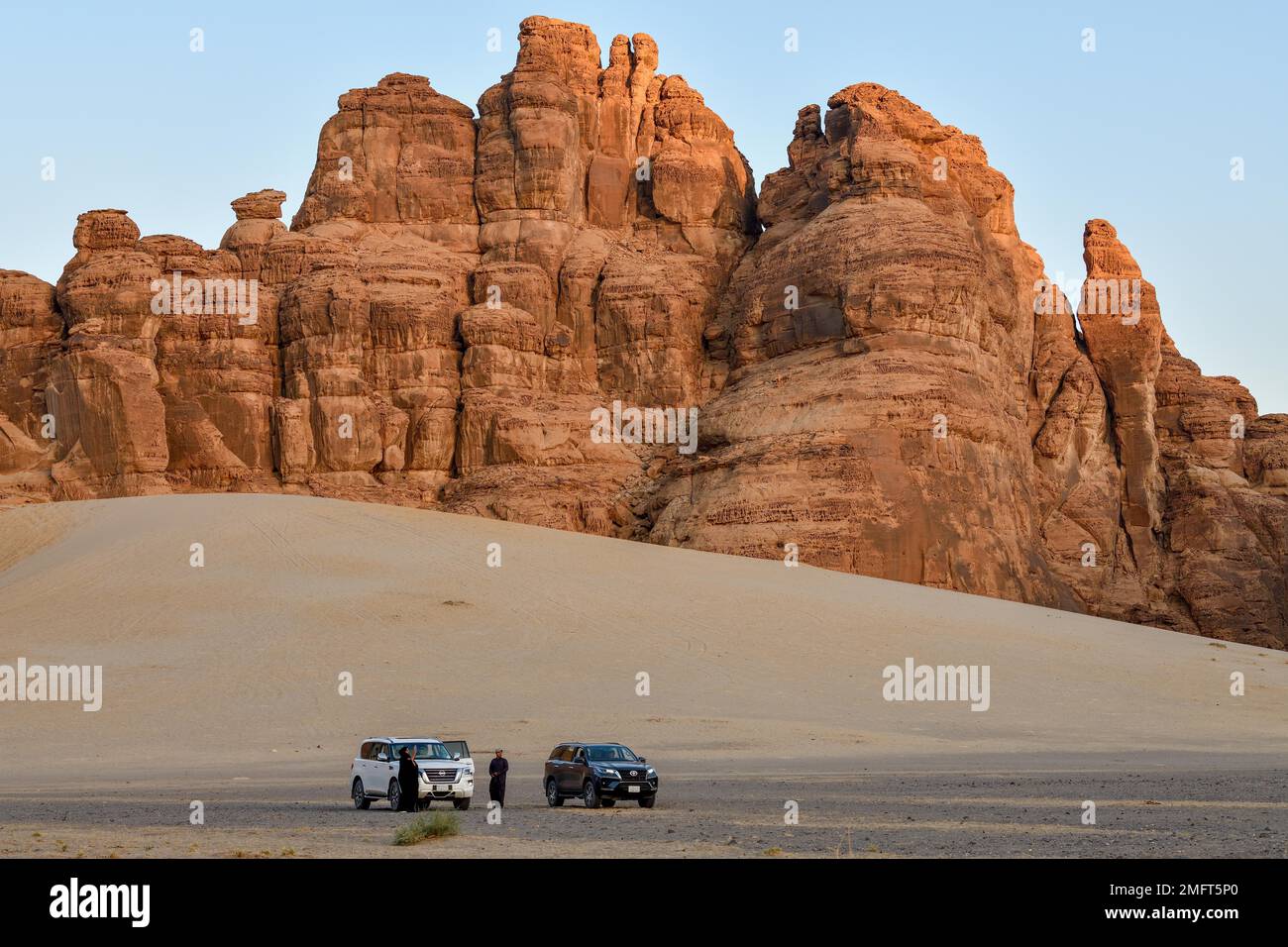 Tourists on a jeep safari in the Ashar Valley, near AlUla, Medina ...